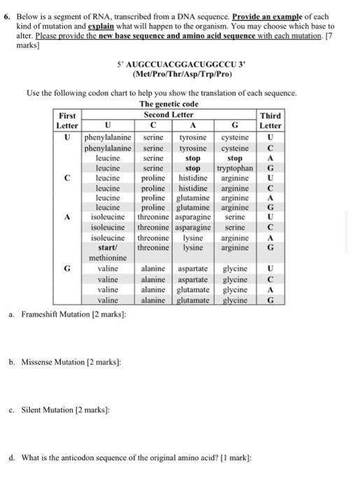 Solved 6. Below is a segment of RNA, transeribed from a DNA | Chegg.com