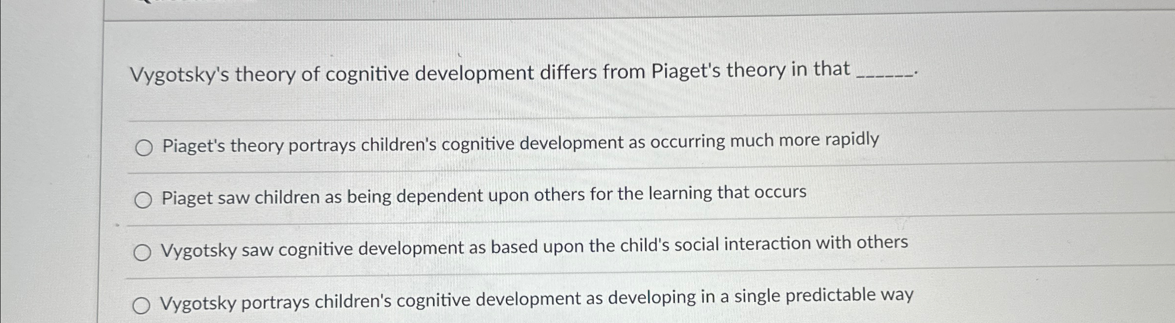 Solved Vygotsky's theory of cognitive development differs | Chegg.com