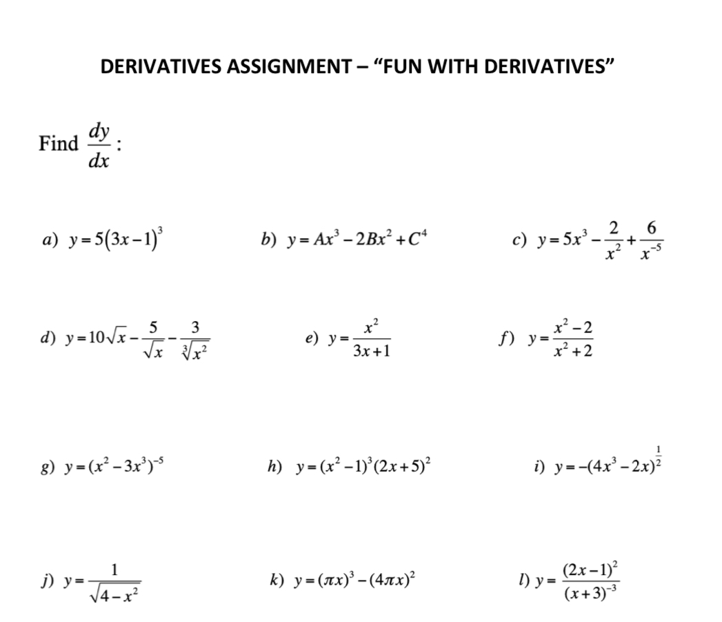 Solved DERIVATIVES ASSIGNMENT - ﻿"FUN WITH DERIVATIVES”Find | Chegg.com