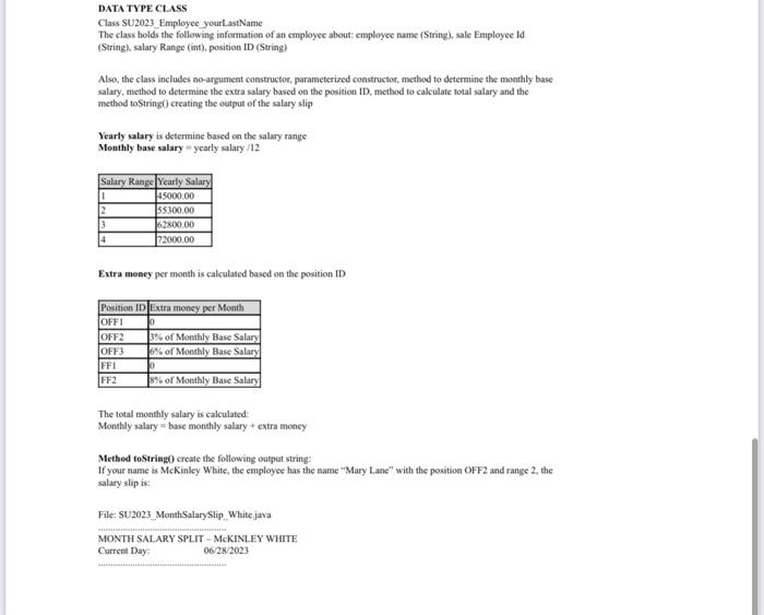 DATA TYPE CLASS Class SU2023 Employec yourlastName | Chegg.com