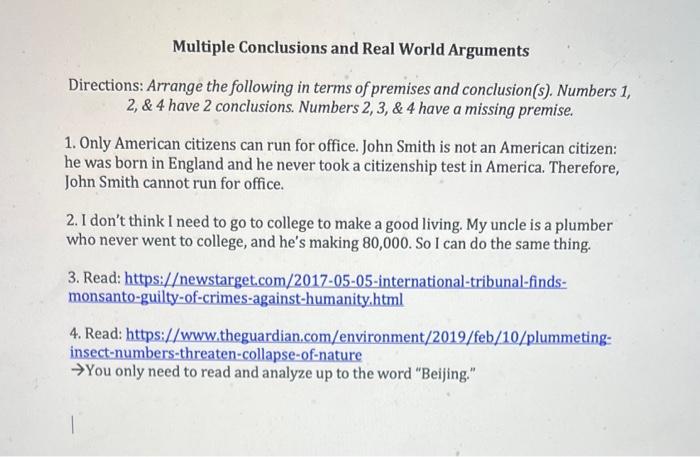 Multiple Conclusions and Real World Arguments | Chegg.com