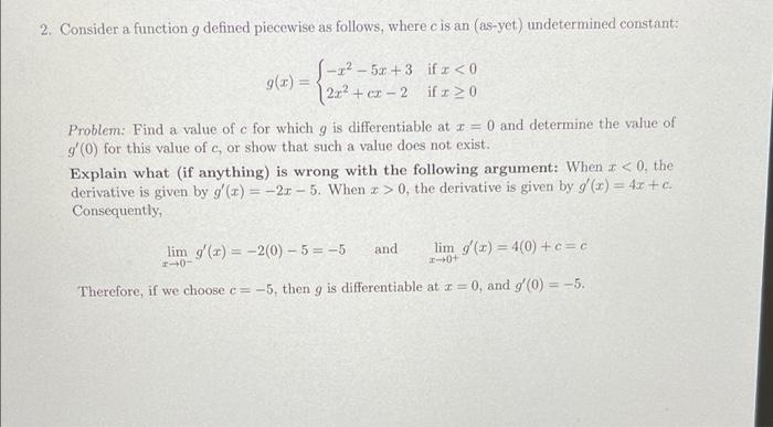 Solved 2. Consider a function g defined piecewise as | Chegg.com