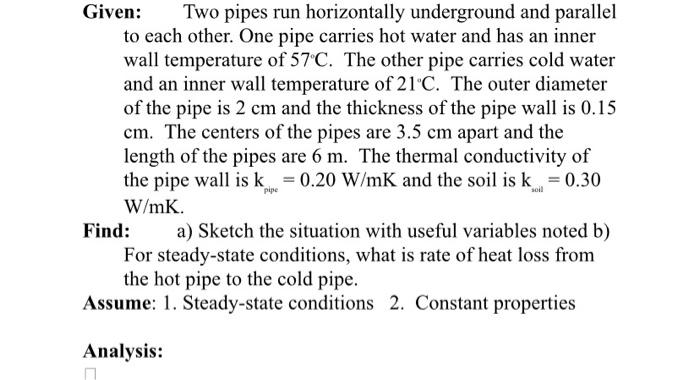 Given: Two pipes run horizontally underground and | Chegg.com