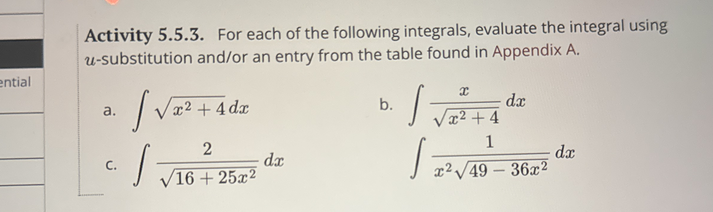 Solved Activity 5.5.3. ﻿For each of the following integrals, | Chegg.com