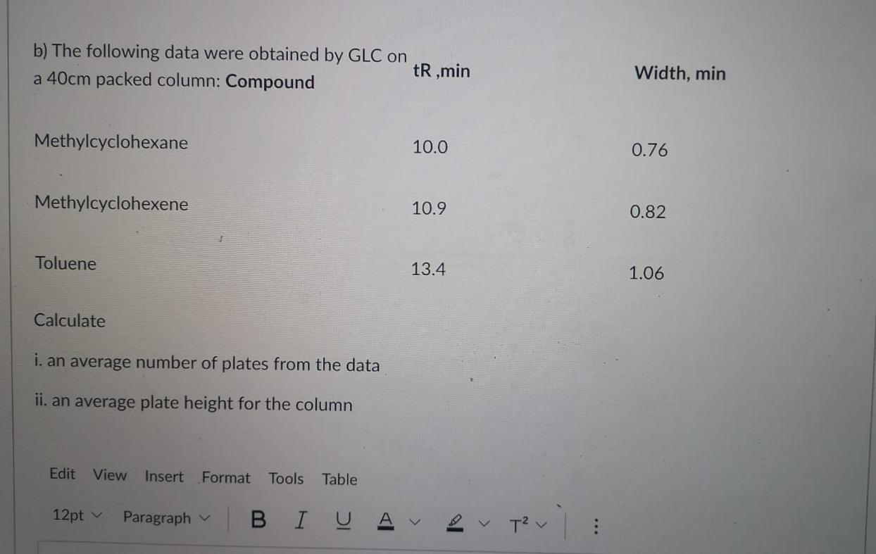 Solved b) The following data were obtained by GLC on a 40 cm | Chegg.com