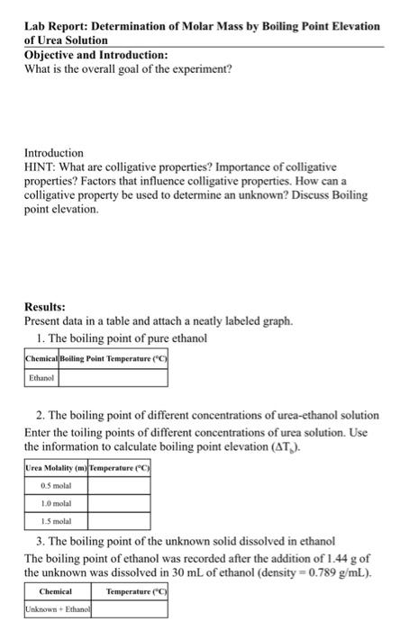 Lab Report: Determination of Molar Mass by Boiling | Chegg.com