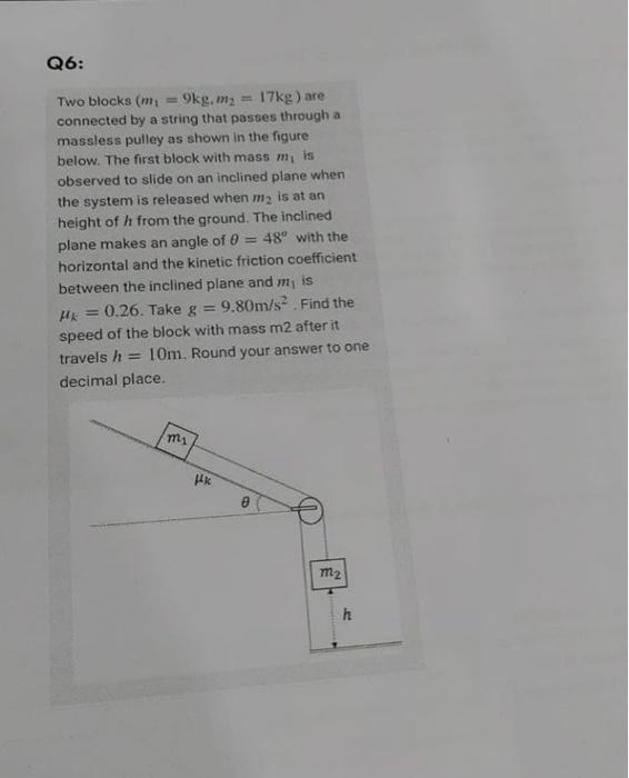Solved Two blocks (m1=9 kg,m2=17 kg) are connected by a | Chegg.com