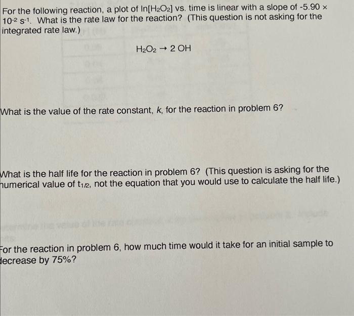 Solved For the following reaction, a plot of ln[H2O2] vs. | Chegg.com