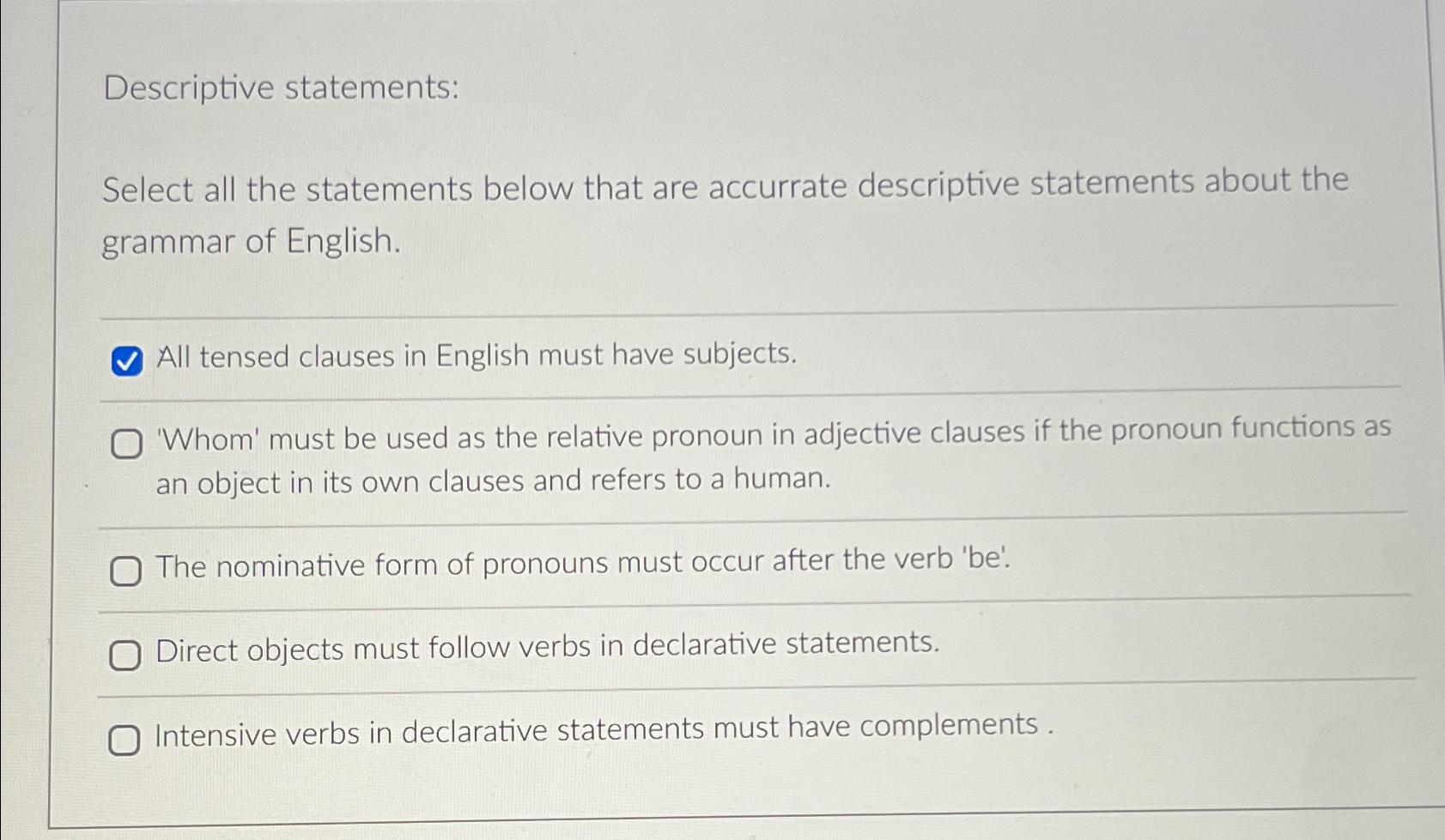 Solved Descriptive statements:Select all the statements | Chegg.com