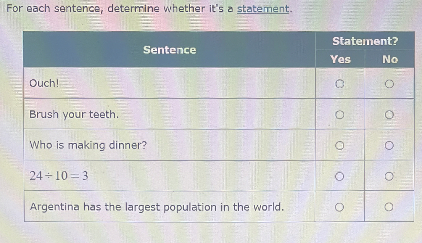 Solved For each sentence, determine whether it's a | Chegg.com