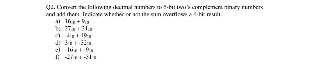 Solved Q2. ﻿Convert the following decimal numbers to 6-bit | Chegg.com