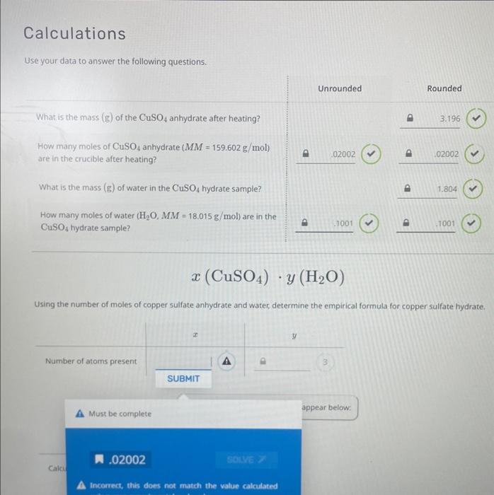 Solved x(CuSO4)⋅y(H2O) Using the number of moles of copper | Chegg.com