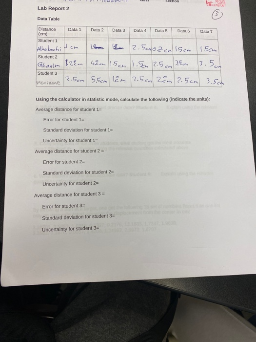 Solved SIDDLCA Secon Lab Report 2 Data Table Data 2 Data 3 | Chegg.com