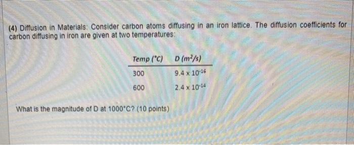 Solved (4) Diffusion in Materials: Consider carbon atoms | Chegg.com
