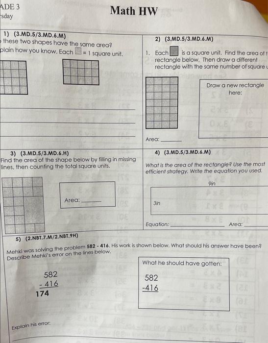 Solved ADE 3 1) (3.MD.5/3.MD.6.M) 5) (2.NBT.7.M/2.NBT.9H) | Chegg.com