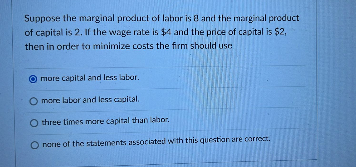 Solved Suppose the marginal product of labor is 8 ﻿and the | Chegg.com