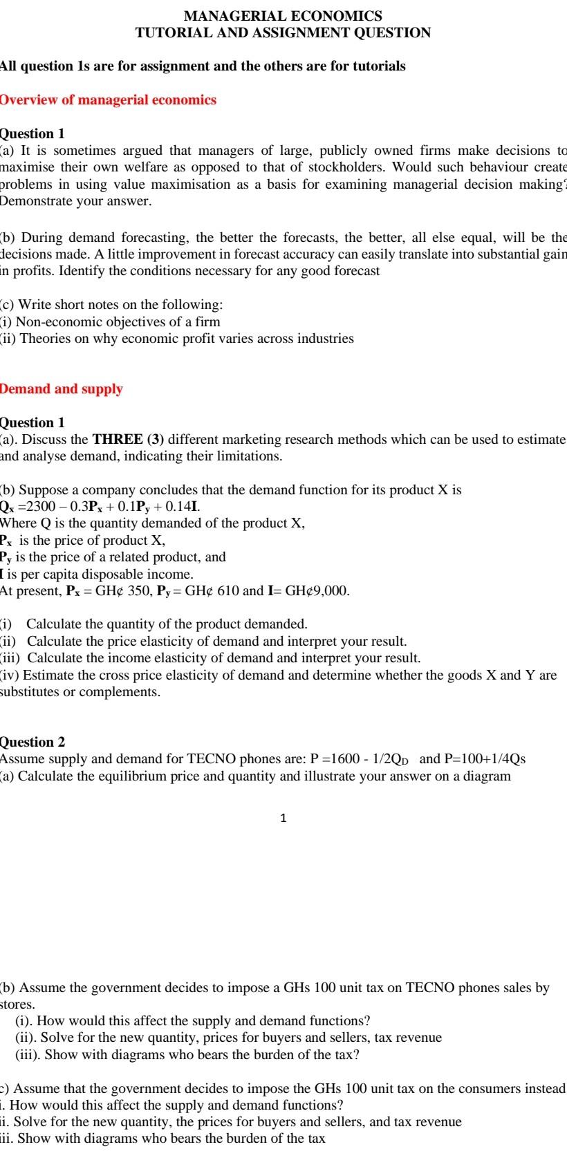 Solved MANAGERIAL ECONOMICS TUTORIAL AND ASSIGNMENT QUESTION | Chegg.com