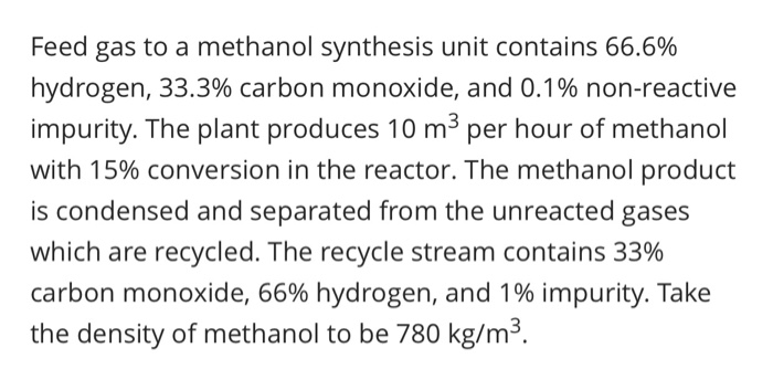 Solved Feed gas to a methanol synthesis unit contains 66.6% | Chegg.com