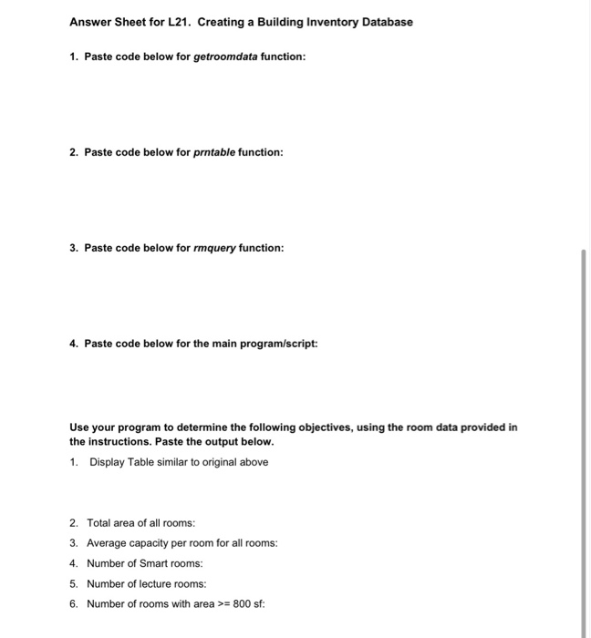 Handout L21. Creating a Building Inventory Database | Chegg.com