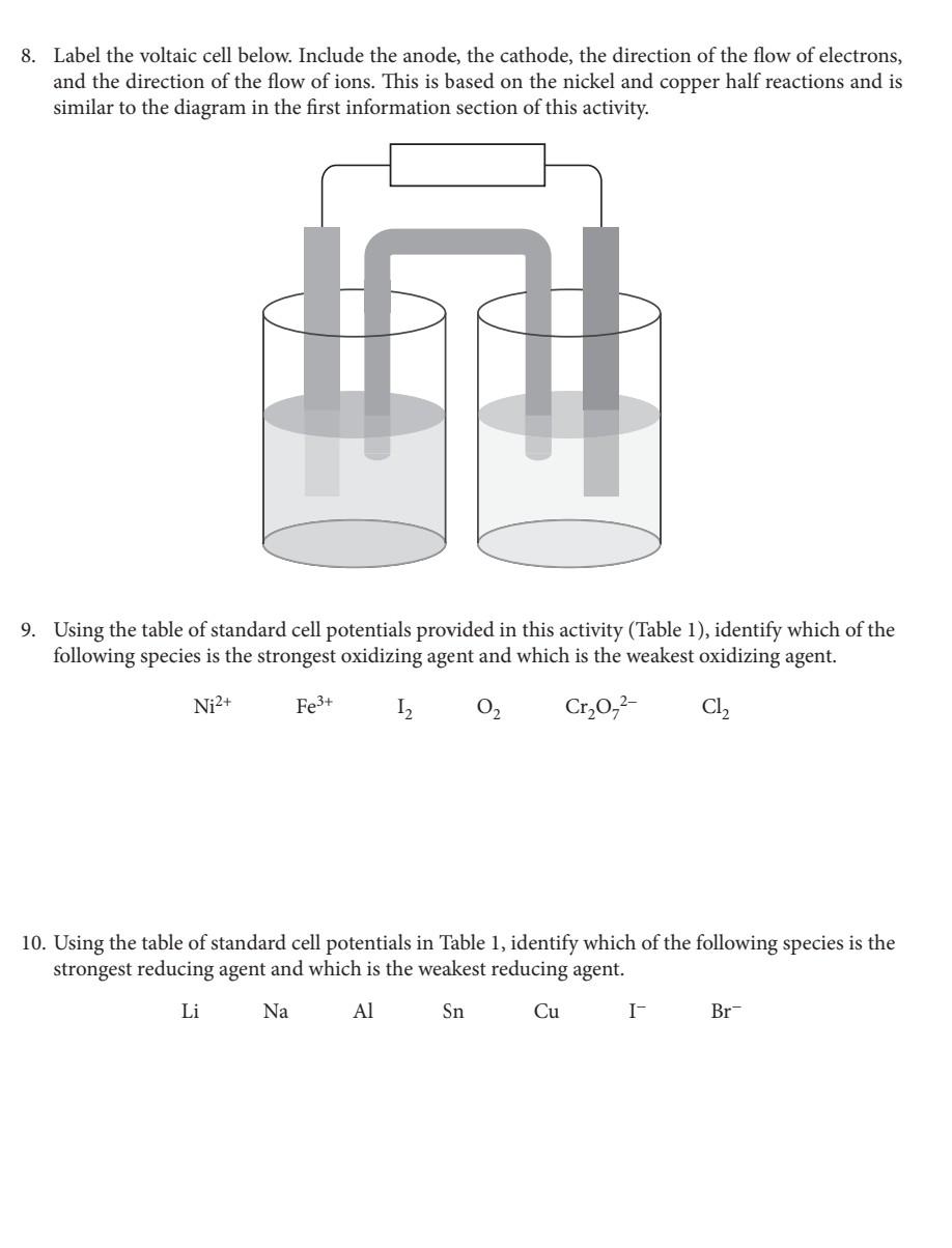 Solved 8. Label the voltaic cell below. Include the anode, | Chegg.com
