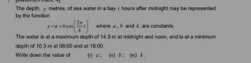 Solved The depth, y ﻿metres, of sea water in a bay t ﻿hours | Chegg.com
