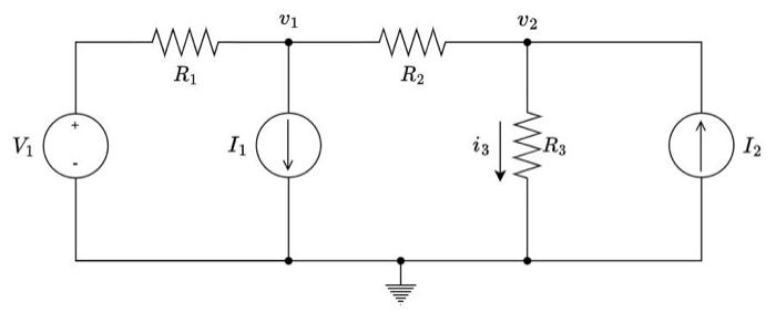 Solved where V1=5 V,I1=1 A,I2=2 A,R1=5Ω,R2=10Ω and R3=3Ω | Chegg.com