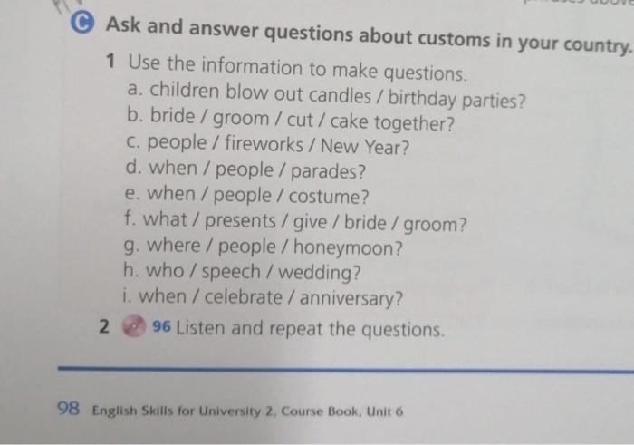 Ask and answer questions about customs in your | Chegg.com