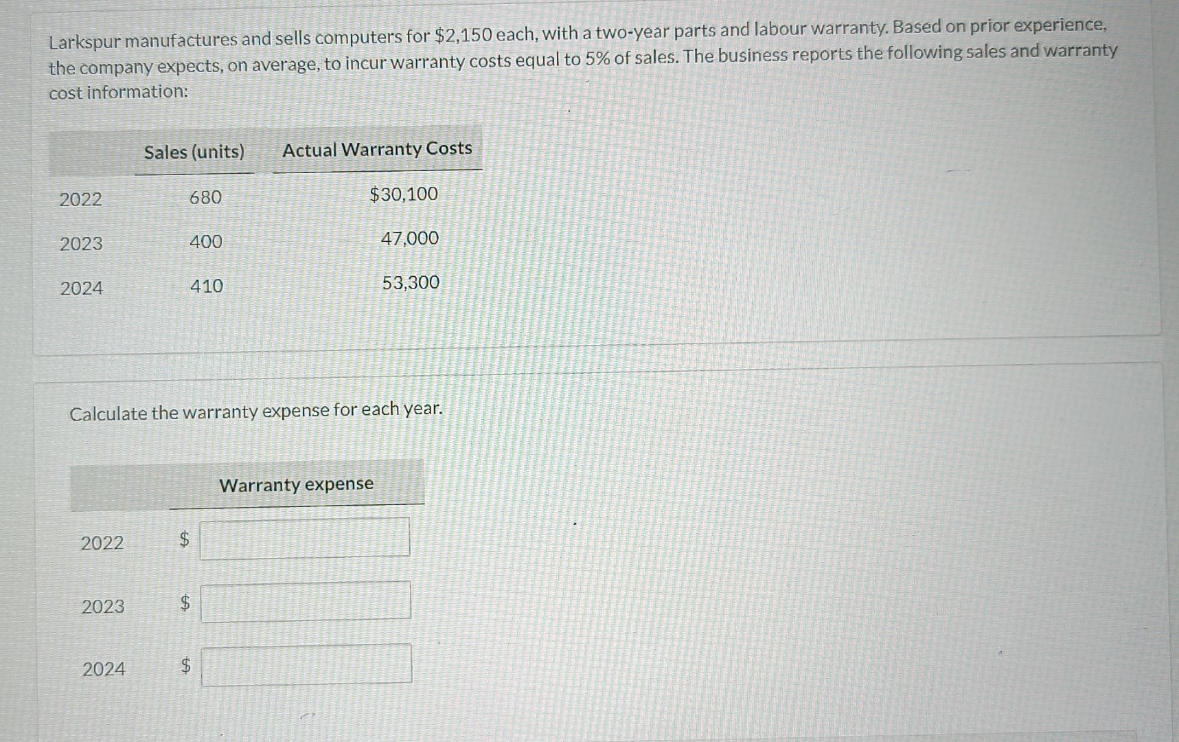 Solved Larkspur manufactures and sells computers for \$2,150 | Chegg.com
