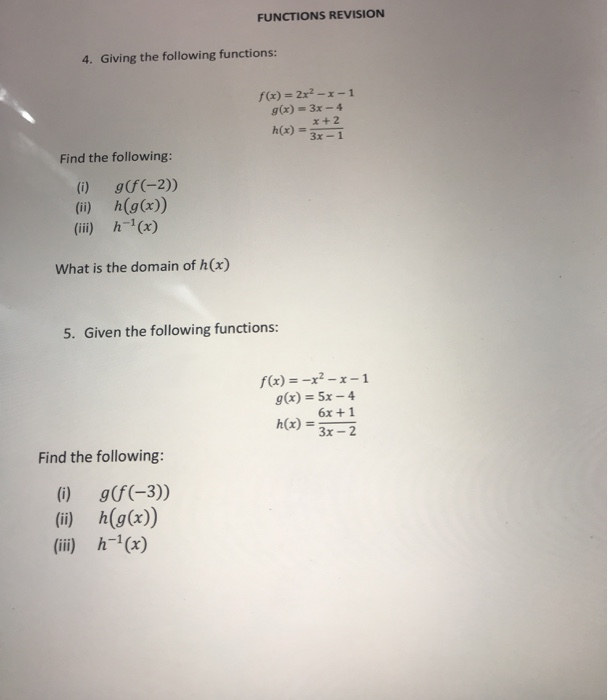 Solved FUNCTIONS REVISION 4. Giving the following functions: | Chegg.com