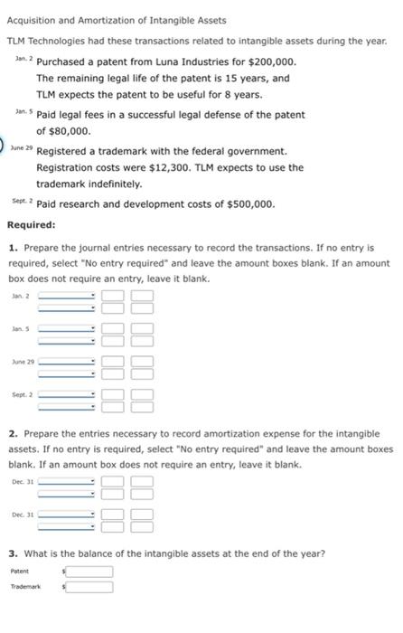 Solved Acquisition and Amortization of Intangible Assets TLM | Chegg.com