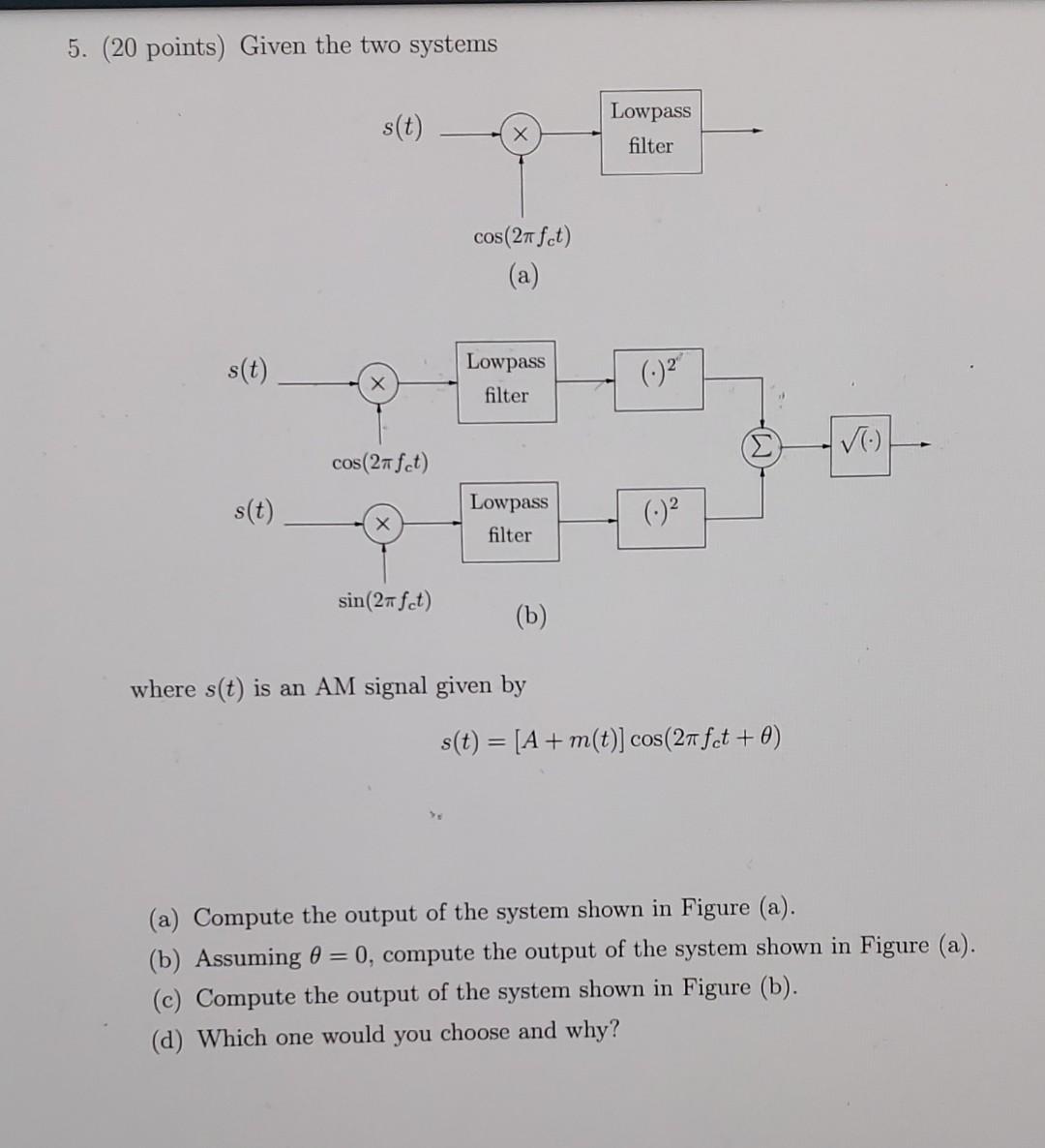 Solved 5. (20 points) Given the two systems s(t) Х Lowpass | Chegg.com