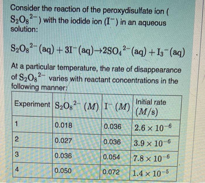 Solved Consider the reaction of the peroxydisulfate ion ( | Chegg.com