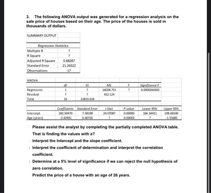 Solved 3. The following ANOVA output was generated for a | Chegg.com