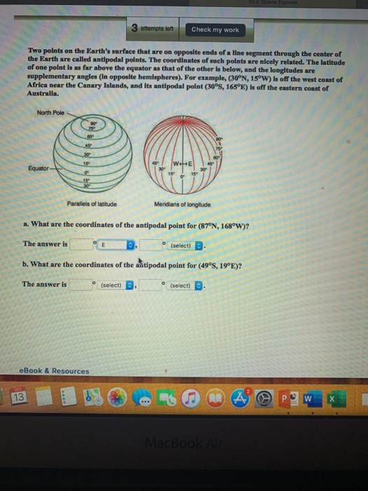 Solved 3 attempts to Check my work Two points on the Earth's | Chegg.com