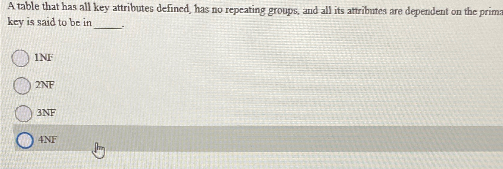 Solved A table that has all key attributes defined, has no | Chegg.com