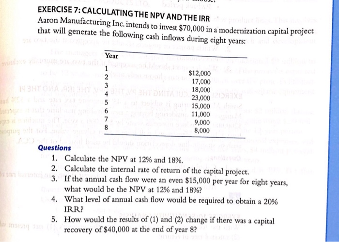 Solved EXERCISE 7: CALCULATING THE NPV AND THE IRR Aaron | Chegg.com