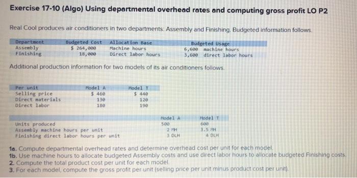 Solved Exercise 17-10 (Algo) Using departmental overhead | Chegg.com
