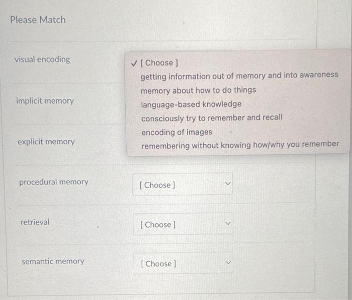 Solved Please Match visual encoding implicit memory explicit | Chegg.com