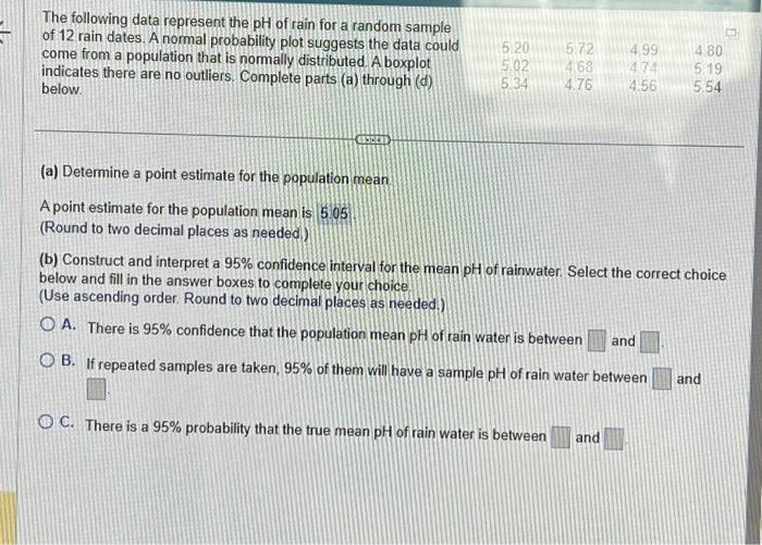 Solved The following data represent the pH of rain for a | Chegg.com