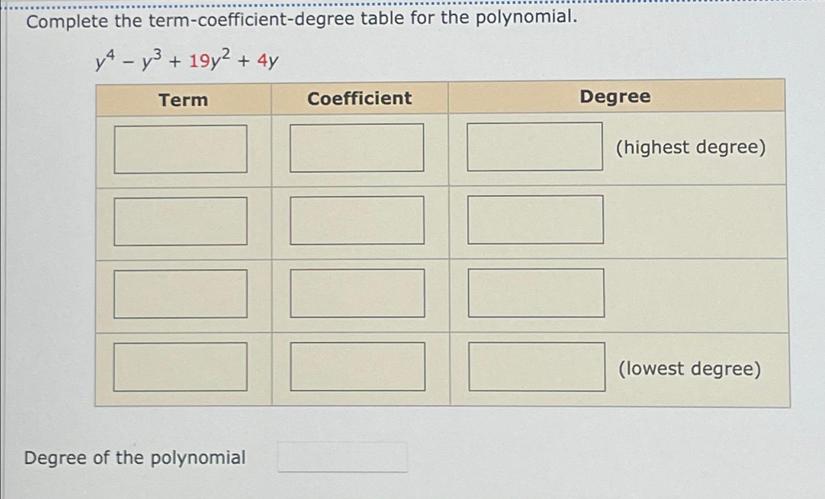 Solved Complete the term-coefficient-degree table for the | Chegg.com