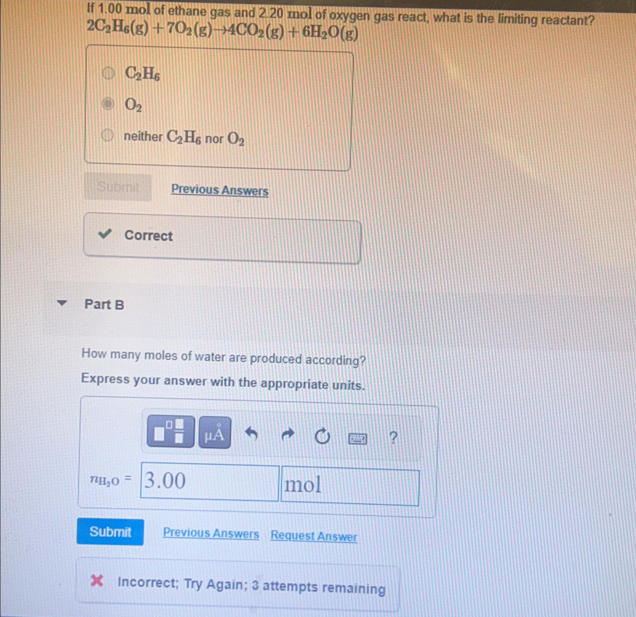 Solved If 1.00mol of ethane gas and 220mol of oxygen gas | Chegg.com