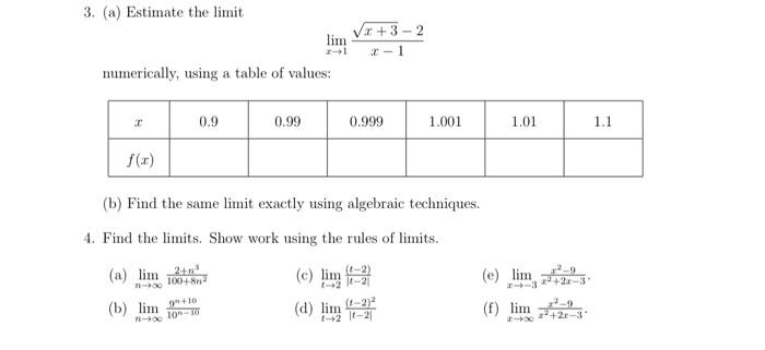 Solved 3. (a) Estimate the limit limx→1x−1x+3−2 numerically, | Chegg.com