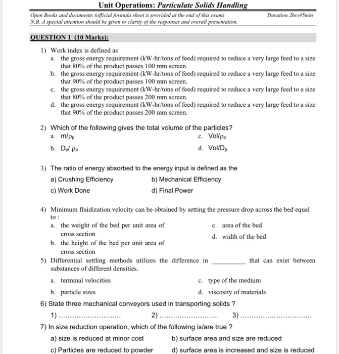 Solved Unit Operations: Particulate Solids Handling Open | Chegg.com