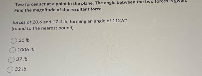 Solved Two forces act at a point in the plane. The angle | Chegg.com