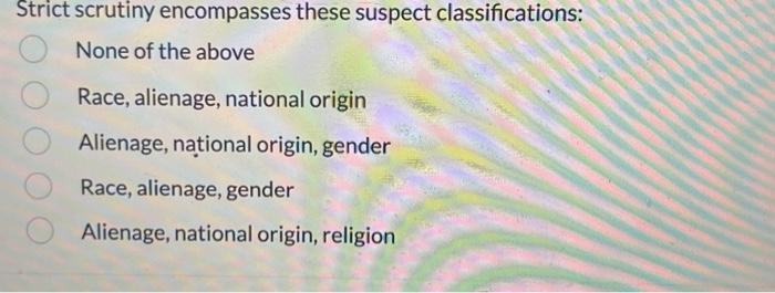 Solved Strict scrutiny encompasses these suspect | Chegg.com