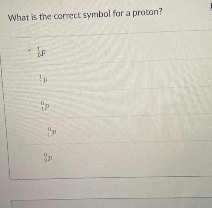 Solved What is the correct symbol for a proton? 01p 11p 1p | Chegg.com