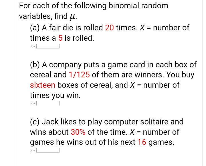 Solved For each of the following binomial random variables, | Chegg.com