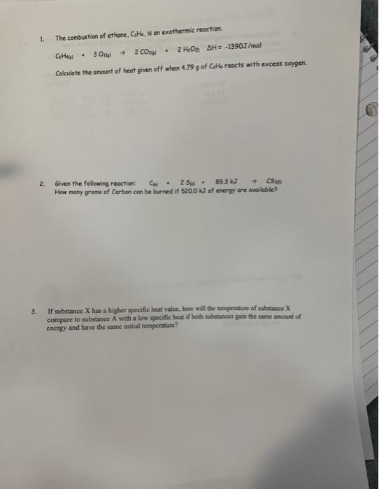 Solved C2H4(4)+3O2(s)→2CO24+2H4OnΔH=−1390 J/mol Calculate | Chegg.com