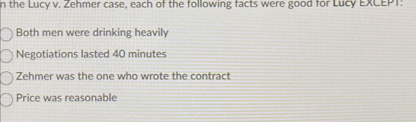 Solved n the Lucy v. ﻿Zehmer case, each of the following | Chegg.com