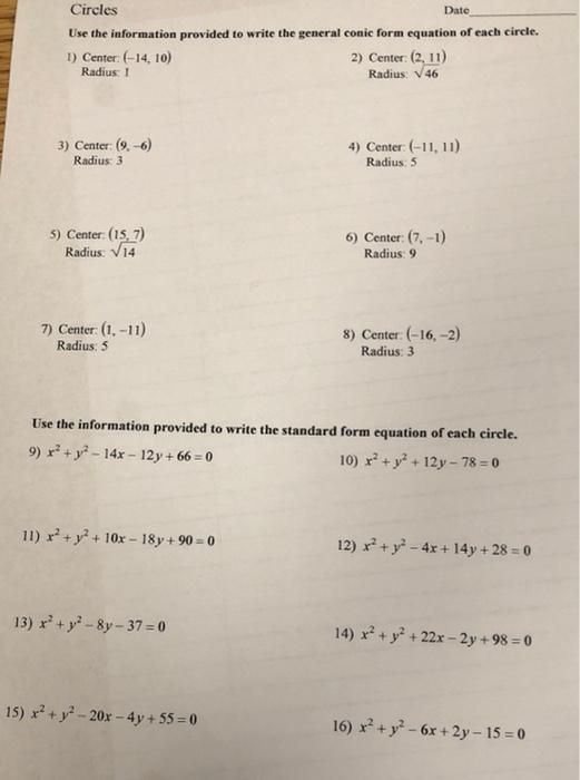 Solved 1-8. Write the general conic form equation of each | Chegg.com
